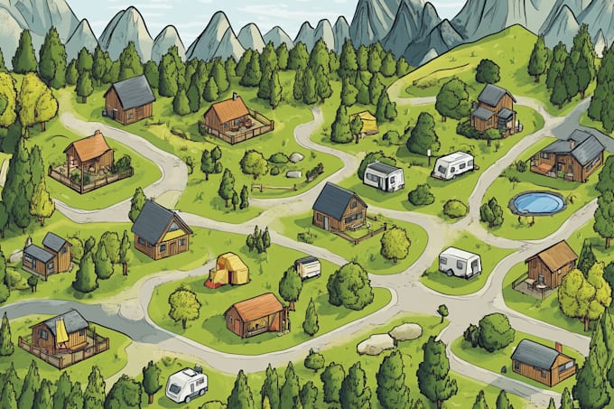 Illustrer une carte vectorielle 2d personnalisée, un site de camping et ...