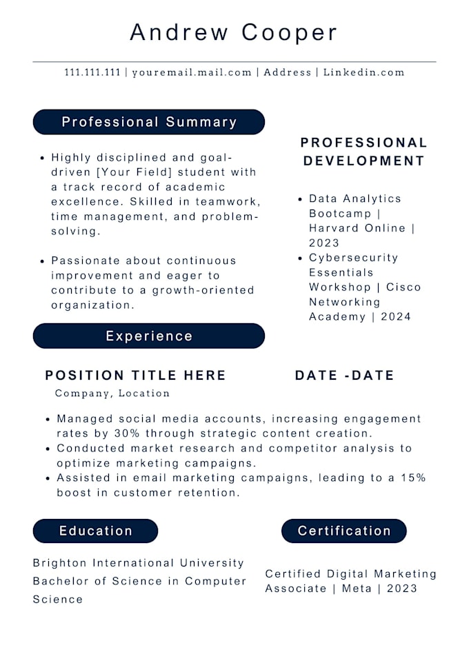 Design a modern, ats friendly resume by Andrewqmb | Fiverr