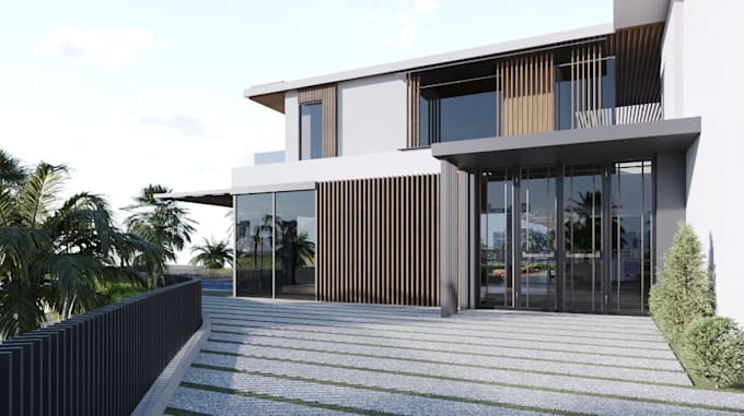 Optimize 3d modern villa, facade exterior, pool patio, garden render ...