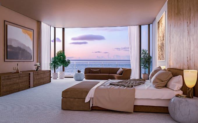 Model 3d house on water,realistic ship container interior,cozy bedroom ...