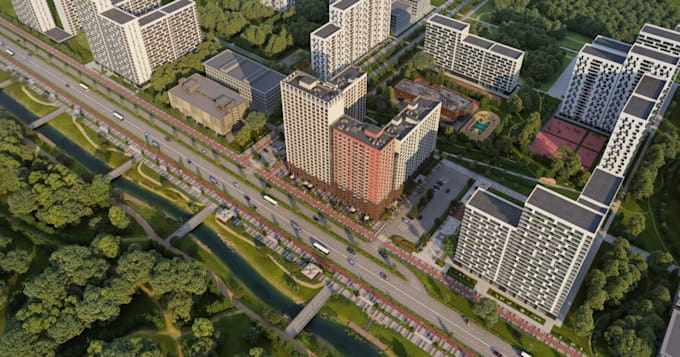 Create majestic 3d aerial birds eye view render, city map site ...