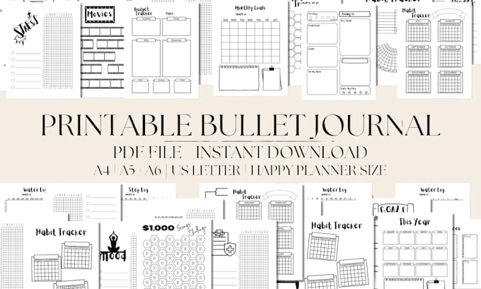 Printable bullet journal bujo template daily weekly habit mood trackers pdf by Ariajonez76 | Fiverr