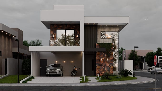 Renew 3d modern villa,exterior facade,cladding stone design,balcony,3d ...