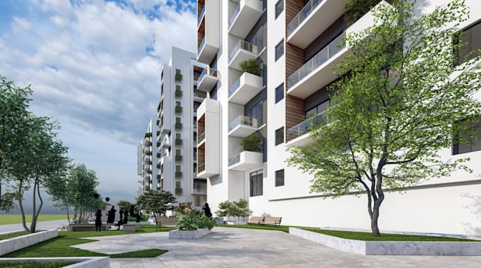 Modern apartment render,cityscape patio,tudor, layout plan,exterior ...