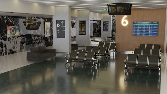 Modern airport design, cgi waitingroom, airport seating, landscape ...
