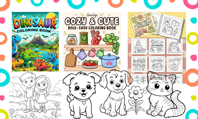 Design bold and easy coloring line art book children illustration on ...