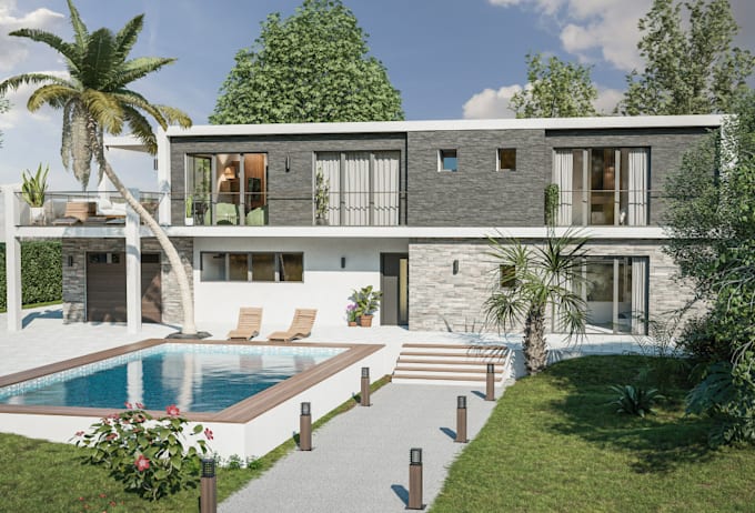 Modern villa house,3d apartment facade,3d pool patio, cgi lawn ...