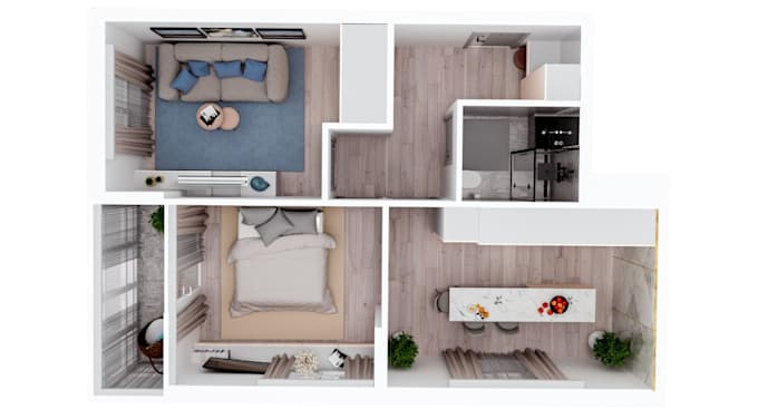 2d to 3d apartment floorplan, redesign open plan interior, change house ...