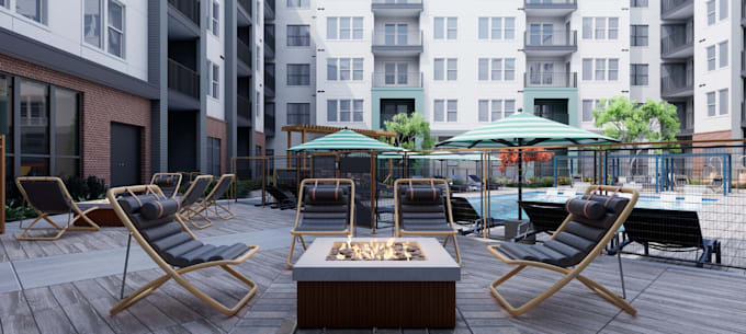 Modern 3d apartment building,high rise,pool courtyard,resting place ...