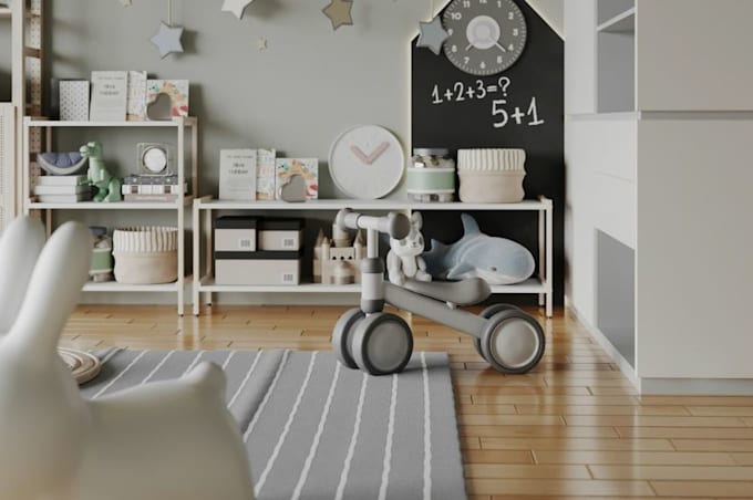 Design 3d cgi kids playroom, childern nursing,study interior,furniture ...