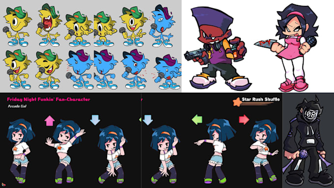Create fnf sprite animation, character design, mod assets, and pixel art sheet by ...