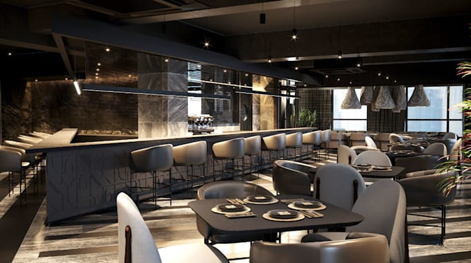 Create 3d interior tropical restaurant, supermarket, retail store ...