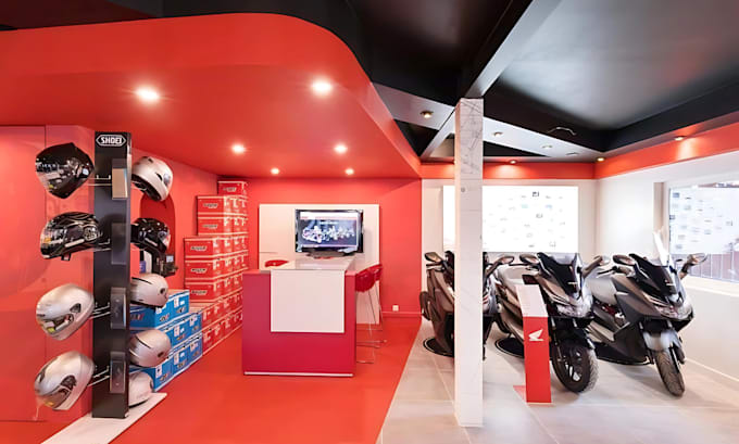 Do custom 3d bike showroom render, exhibition stand, 3d bike dealership ...