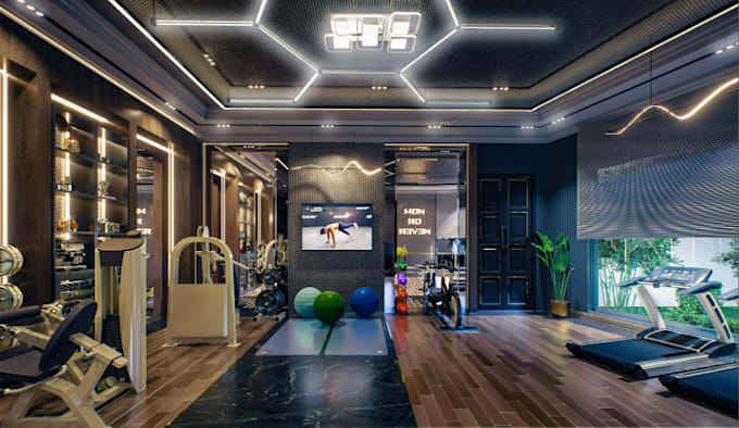 Stylish 3d interior home gym, sport fitness center, spa, gym,music room ...