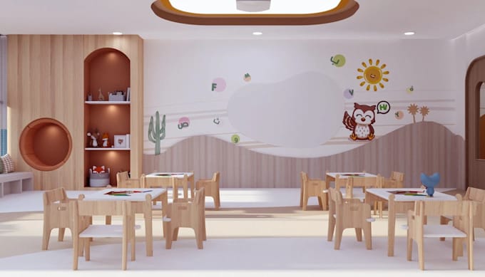 Do cgi 3d interior kids nursery room, 3d classroom, office, library ...