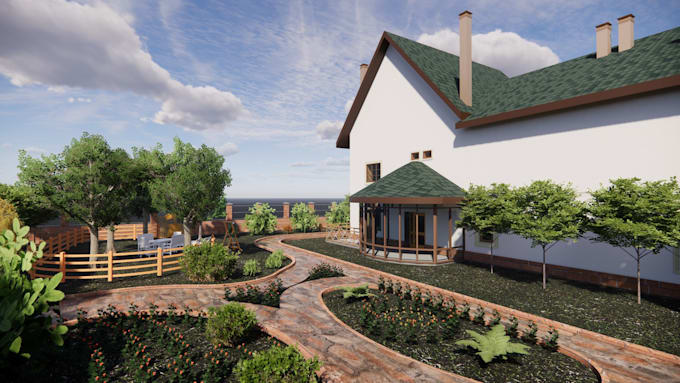 Realistic exterior design, outdoor terrace, car park, landscape, patios ...