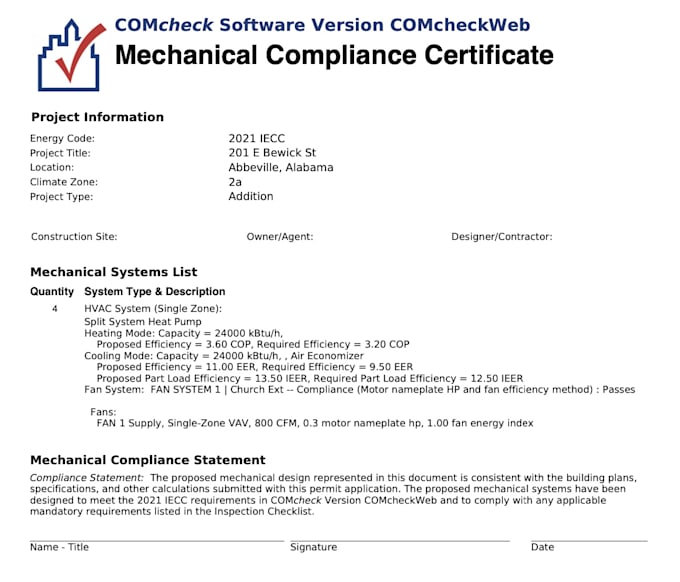 Prepare a certified comcheck report for commercial energy code ...