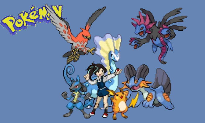 Crea una hoja de sprites de fakemon, entrenador pokémon en pixel art y ...