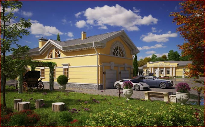 Model cgi house exterior, garden landscape,mansion front view,garage ...