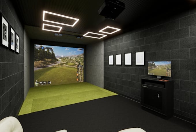 Remodel 3d golf simulator,indoor sport complex render,club lounge ...