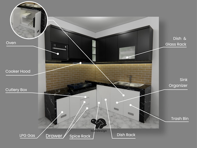 3d design and rendering for kitchen set by Icandesign_id | Fiverr