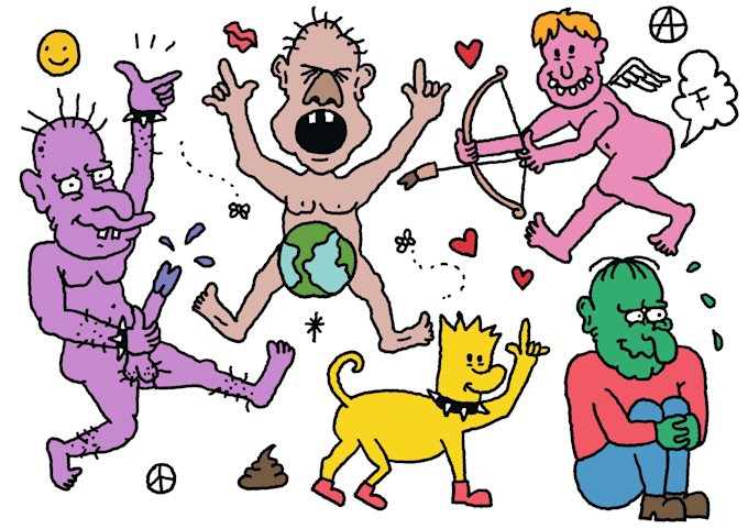 Draw a weird cartoon punk, rnr, hardcore flyer, album cover, poster ...