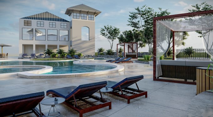 Model 3d facade exterior design, front ocean render, spa area,pool side ...