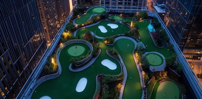 Create 3d stadium golf simulator center,rooftop golf course,landscape ...
