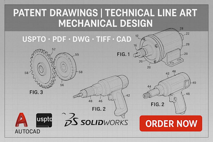 Technical line drawing and patent drawings of mechanical engineering ...
