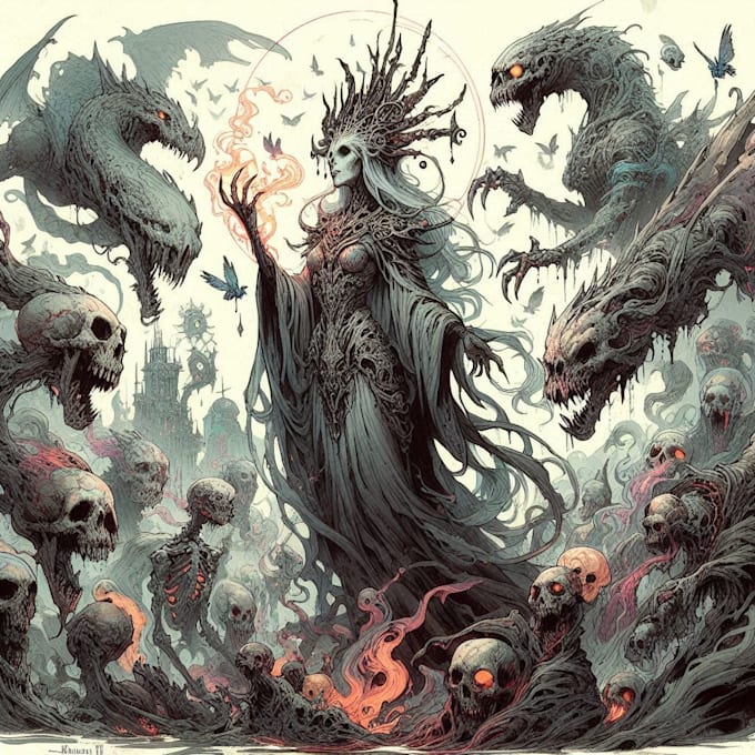 Do a fantasy horror and character art in style illustration by ...