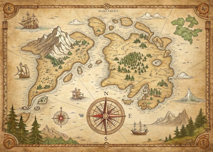 Create an old school vintage style fantasy map illustration by ...
