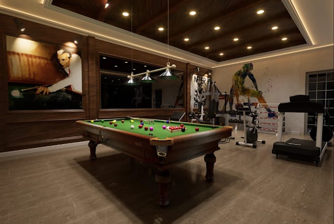 Render 3d snooker room with gym area, interior design, sports complex ...