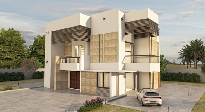 Retouch 3d modern concrete building,render facade exterior,basement ...