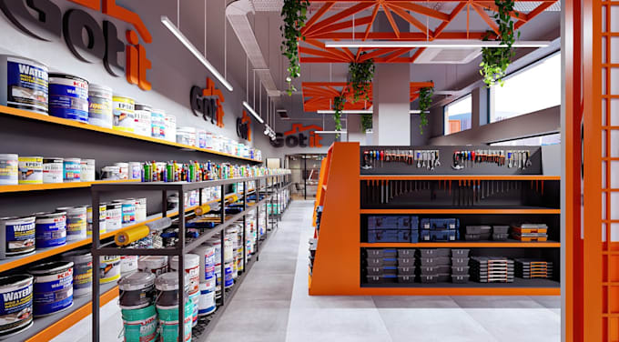 Render modern 3d retail store,display shelve design,warehouse interior ...