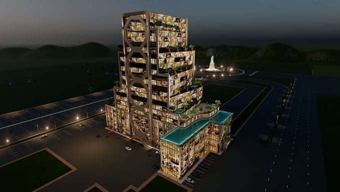 Rebuild 3d highrise building,glass building,street layout,pool patio ...