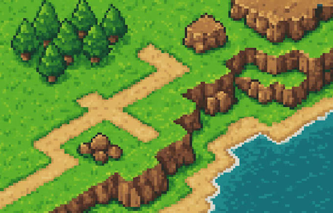 Do isometric pixel art based in a topic for game, rpg maker, tilesets ...