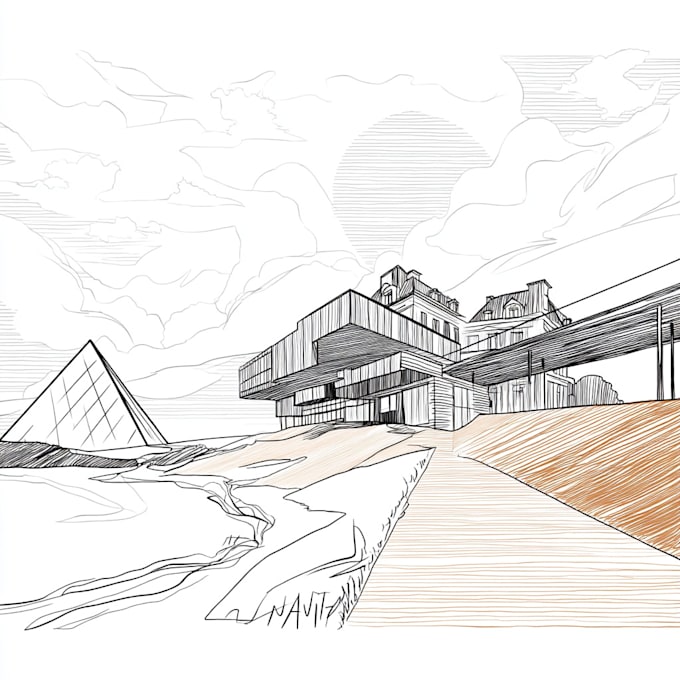 Draw line art illustration building and landscape by Dolaarel | Fiverr