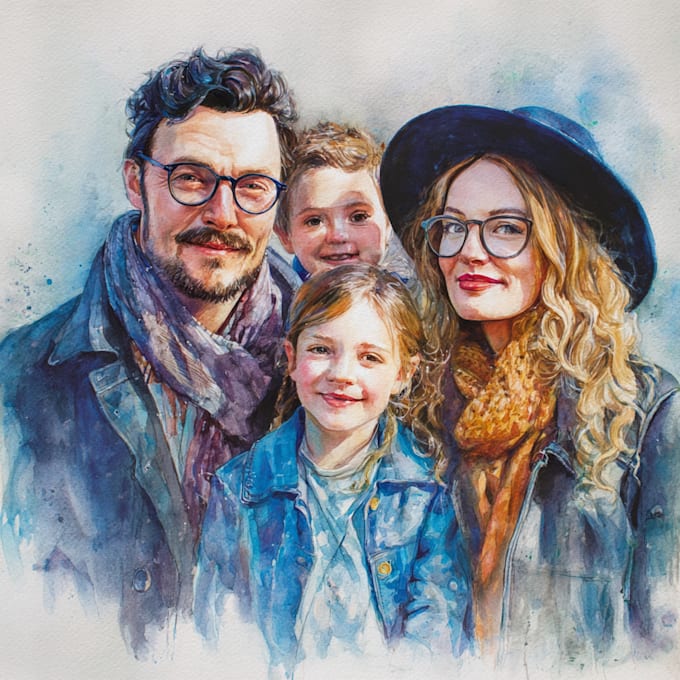 Draw a family portrait with realistic watercolor style by Boxecta | Fiverr