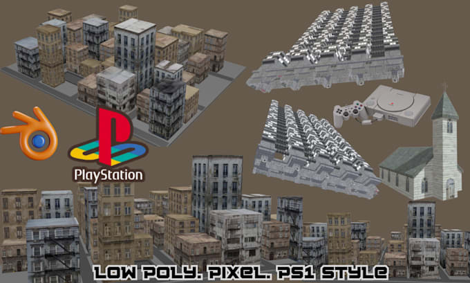 Design retro ps1 environment buildings, 3d lowpoly map, roblox pixel ...