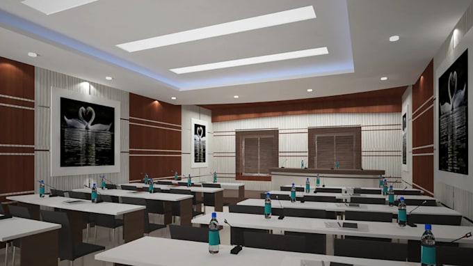 Revamp 3d luxury conference hall, interior layout,2d elevation, co ...