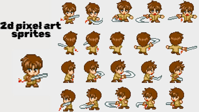 Diseñar hoja de sprite de arte pixelado, animación de personajes pixelados, rpg maker mv mz