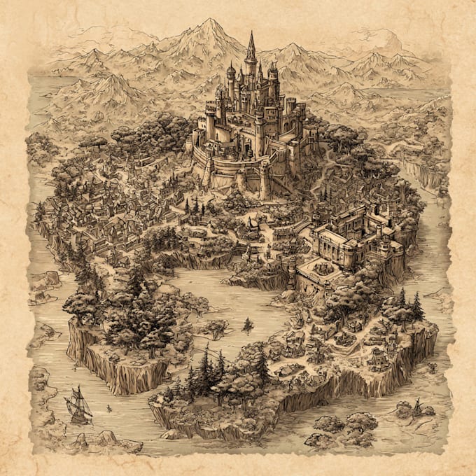 Illustrate fantasy map building line art location map by Kikujabe | Fiverr