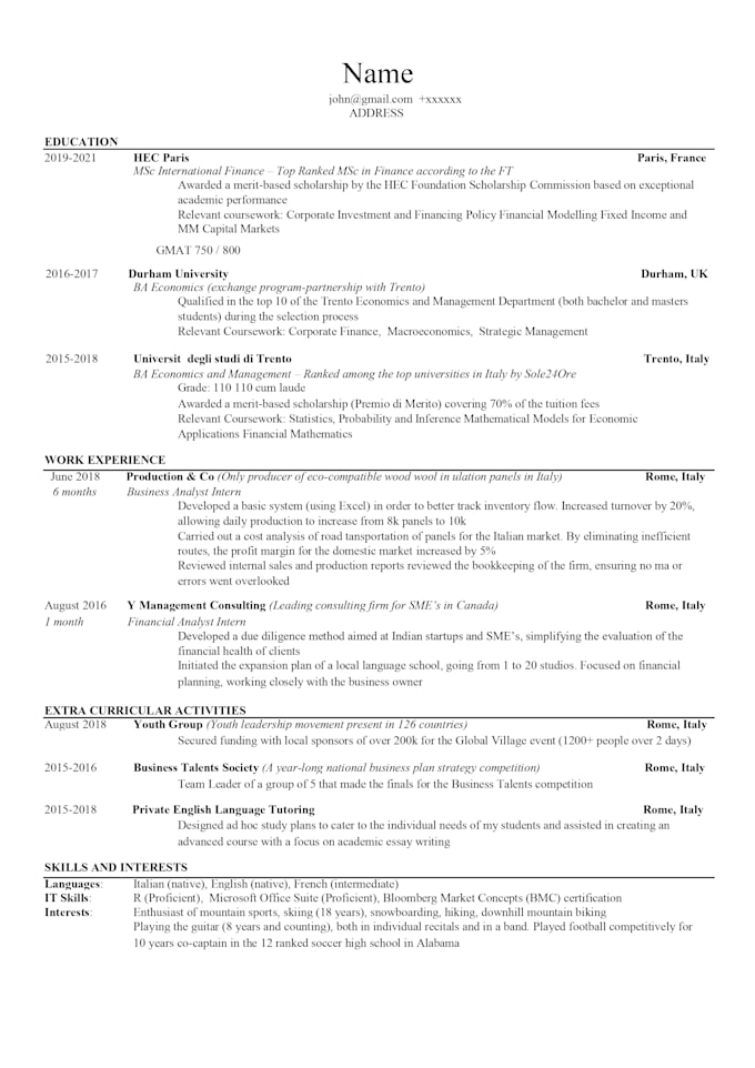 Help you write your finance resume and cv for summer and off cycle internships by Nathnsr | Fiverr