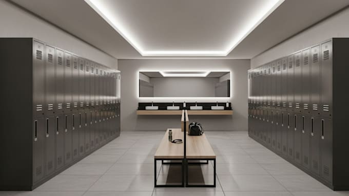 Do realistic rendering of 3d locker room, dressing room, gym locker ...