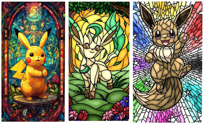 Draw pokemon fakemon character in stained glass digital line art ...