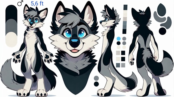 Dessiner une fiche de référence détaillée d'un personnage furry, fiche ...