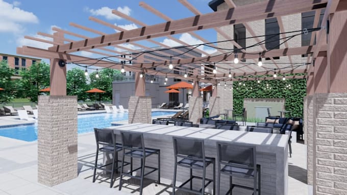 Refurbished 3d residential clubhouse,resort style,outdoor lounge,revit ...