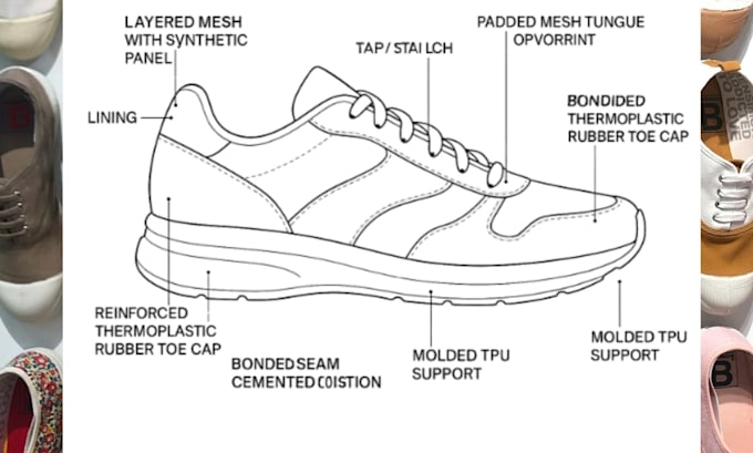 Design detailed shoe tech packs, sneaker mockups, and footwear drawings ...