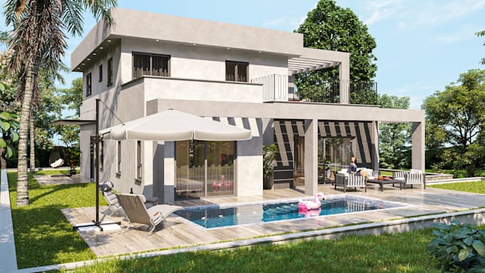 Design 3d modern country house,sharp gable roof,outdoor lounge,balcony ...