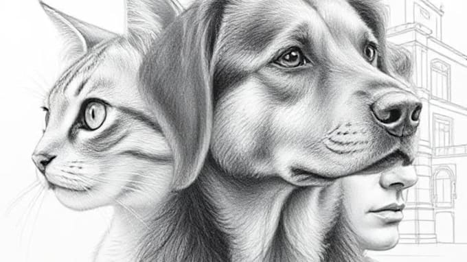Draw hyper realistic pencil sketch cat dog sketch building sketch ...